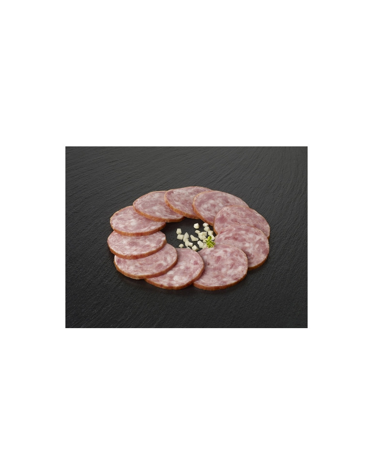 SAUCISSON A L'AIL PUR PORC BOYAU NATUREL FUME 300GRS (TRANCHE)